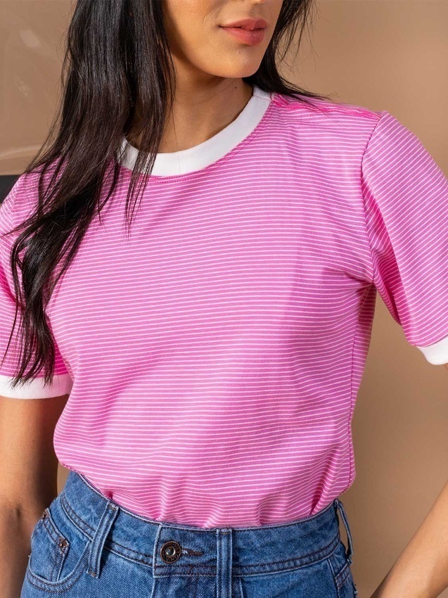 Tshirteria - tshirt listrada rosa bebê punho off